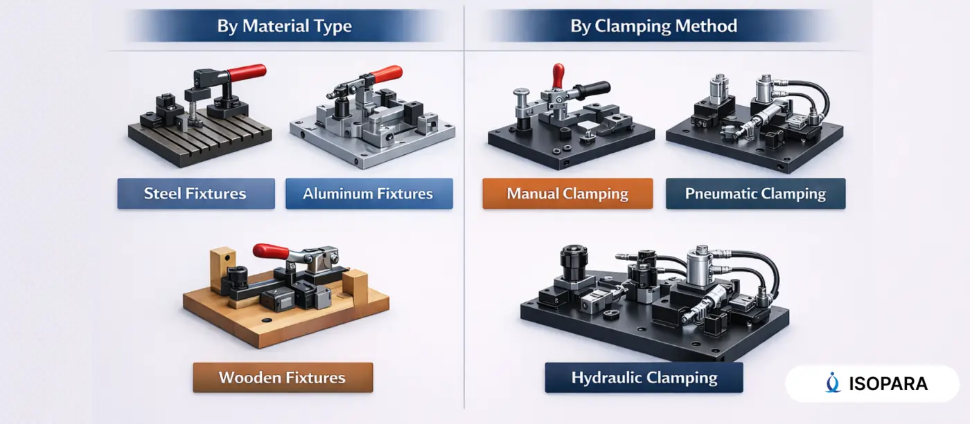What are the fixture types based on material and clamping?